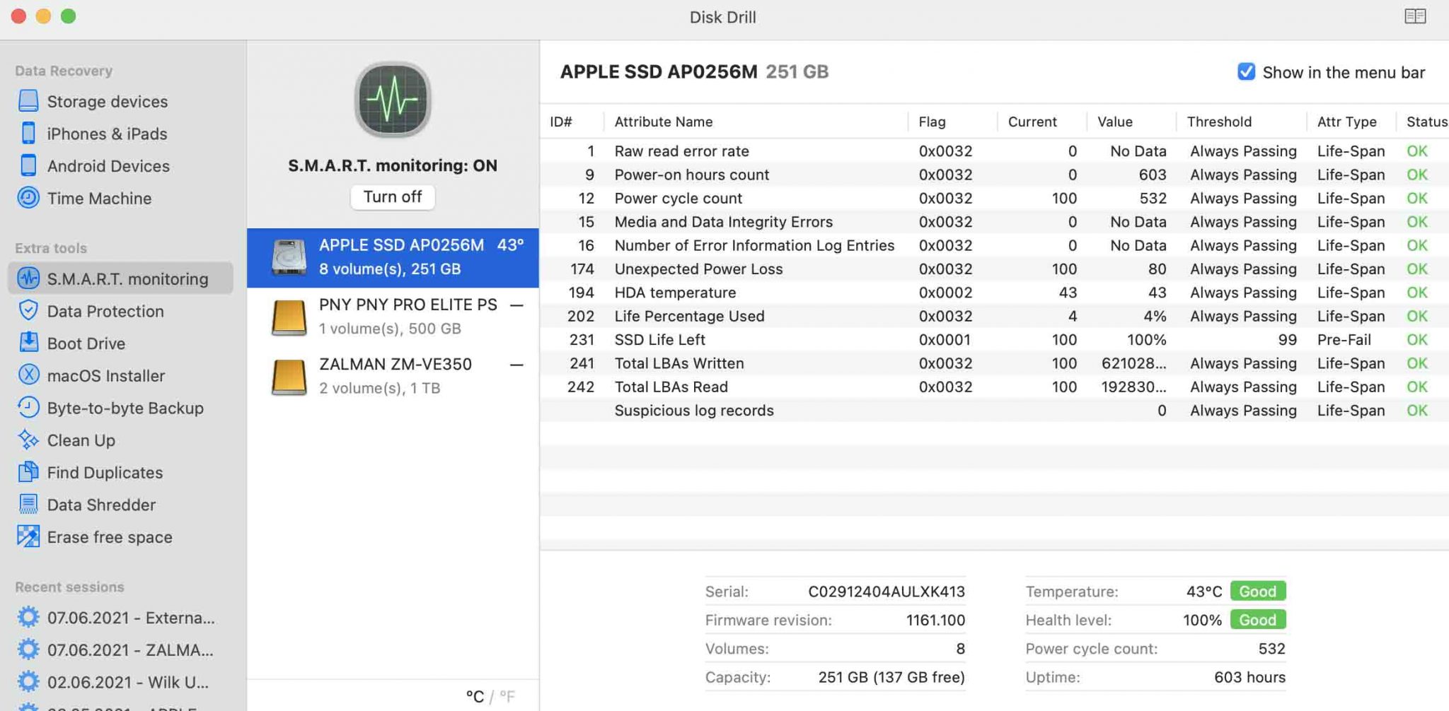 How Can I Monitor S.M.A.R.T. Status (Disk Health) With Disk Drill?